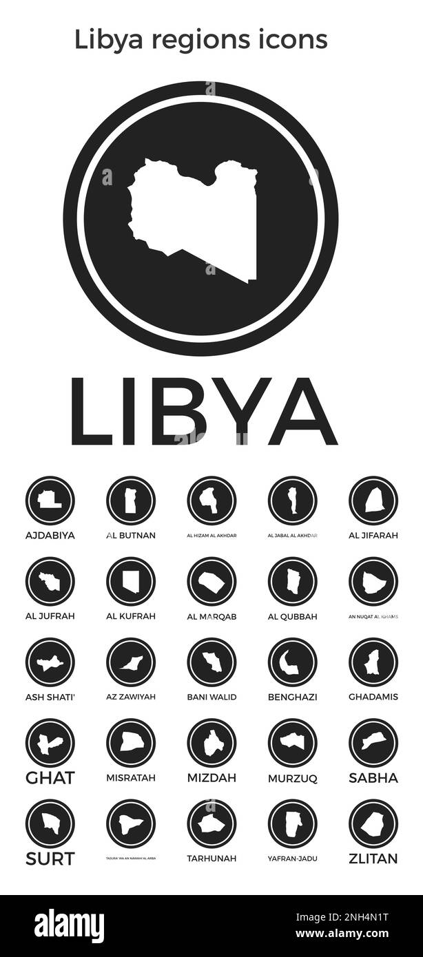 Libya regions icons. Black round logos with country regions maps and titles. Vector illustration ...