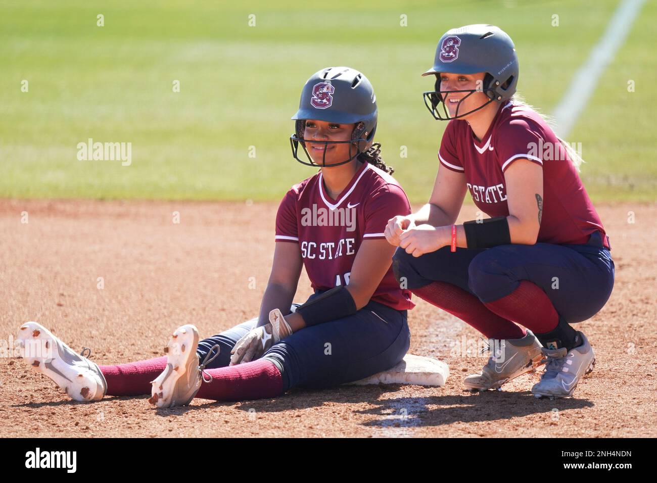 South Carolina State's Taylor Ames-Alexander, left, and Jade Hendricks take a break during an ...