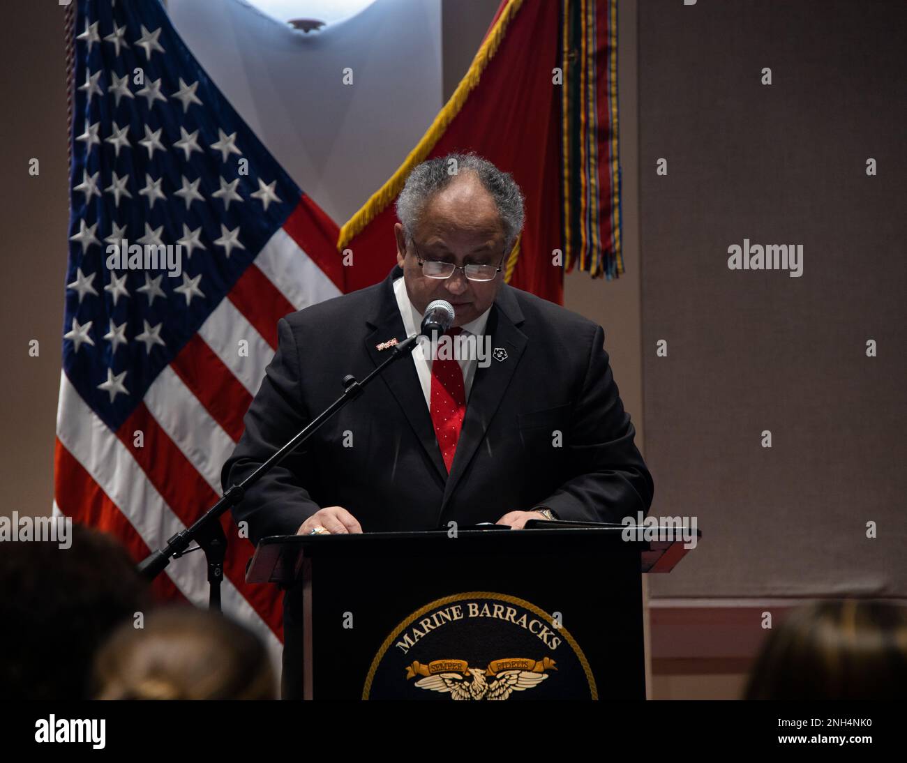 The Honorable Carlos Del Toro, Secretary of the Navy, addresses Marines ...