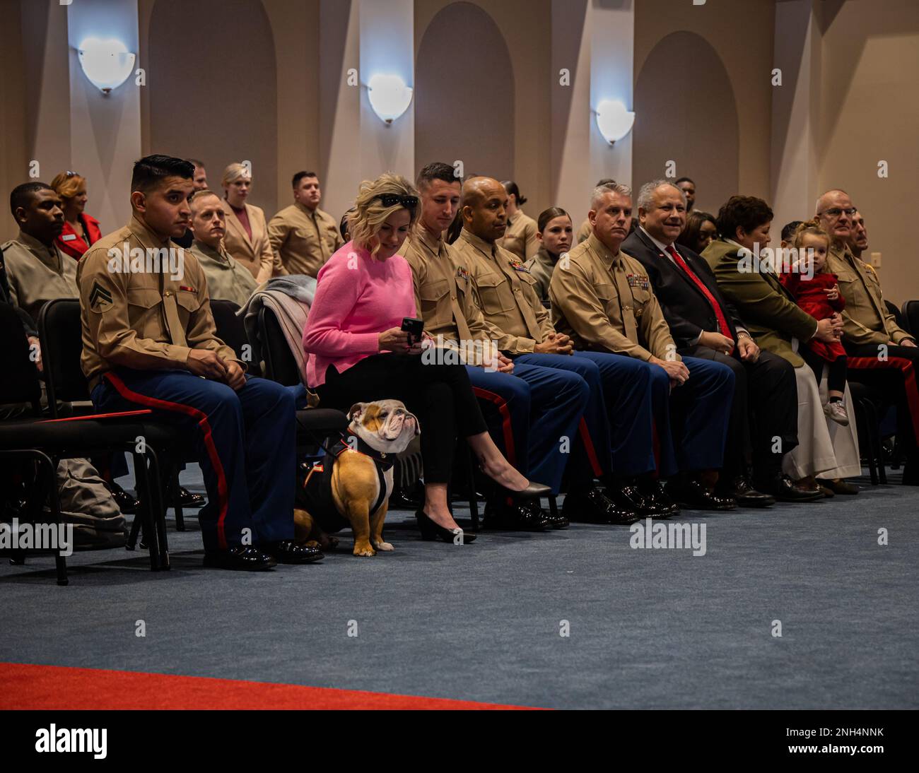 Pfc. Chesty XVI, sits with guests during a promotion ceremony at MBW ...