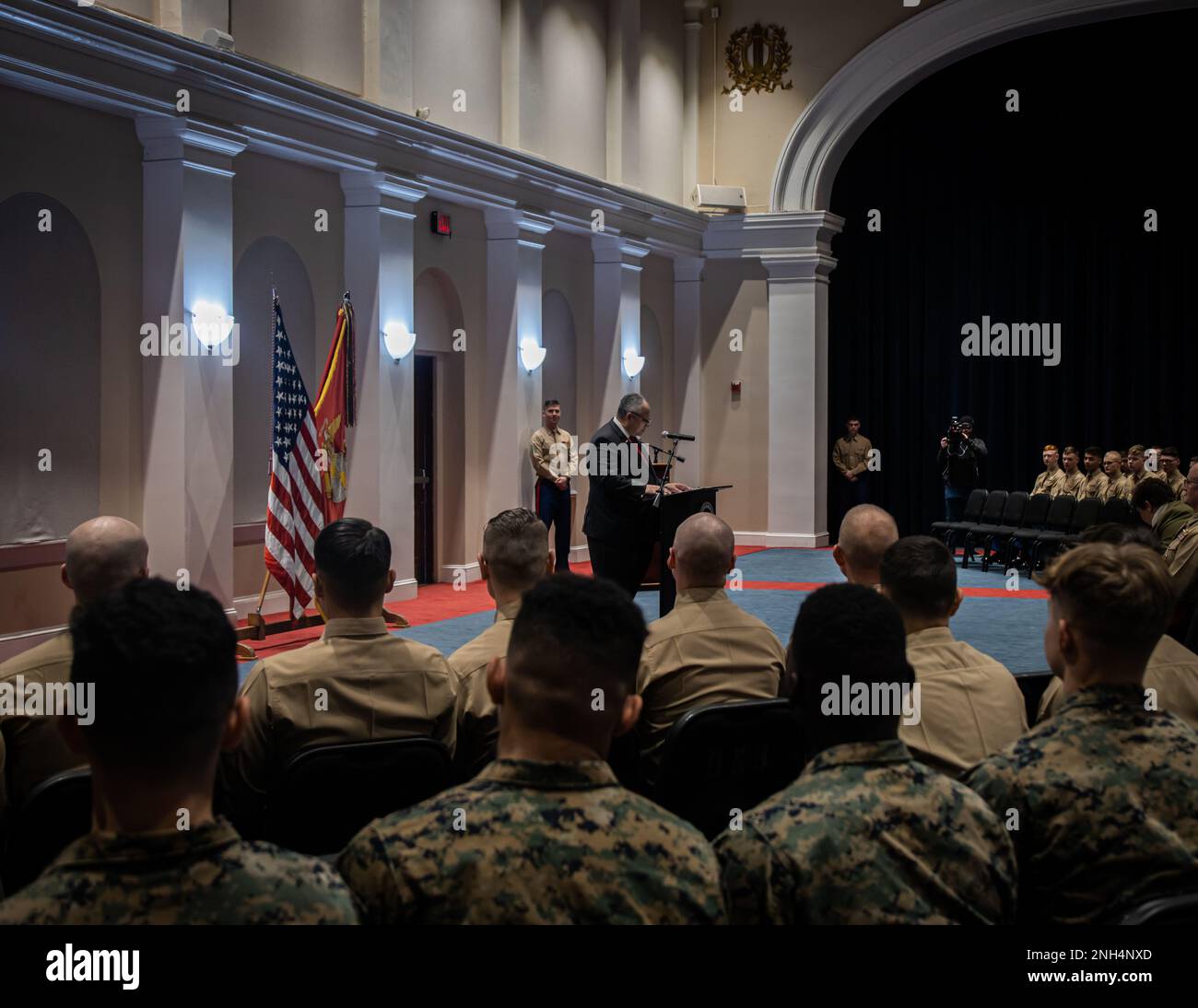 The Honorable Carlos Del Toro, Secretary of the Navy, addresses Marines ...