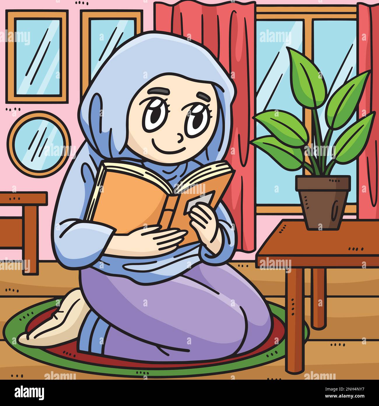 Ramadan Muslim Woman Reading Quran Colored Cartoon Stock Vector Image ...