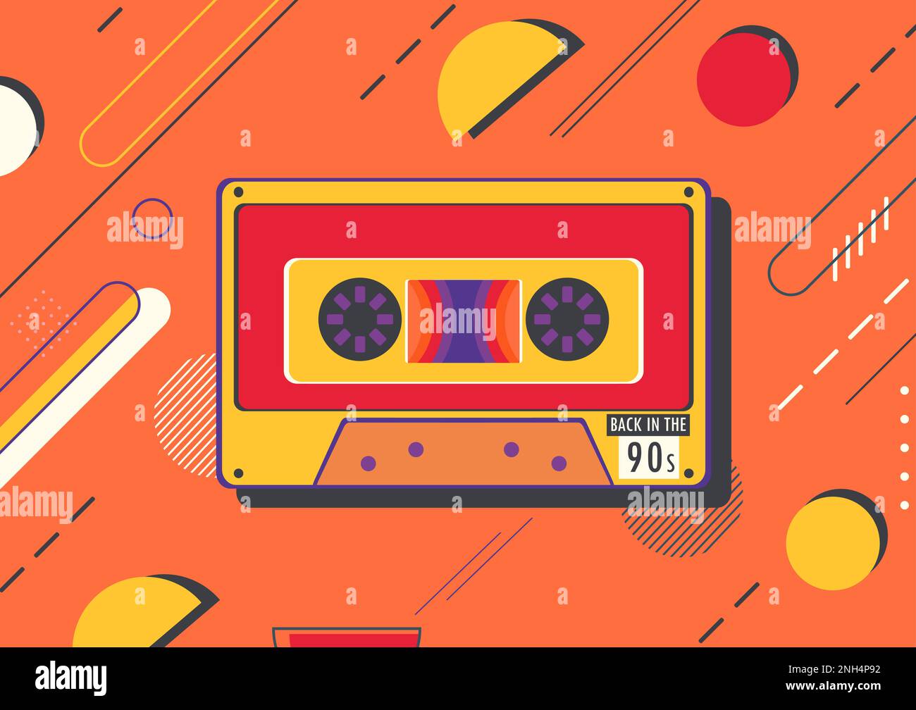 Colorful bright retro background with a retro cassette tape and an ...