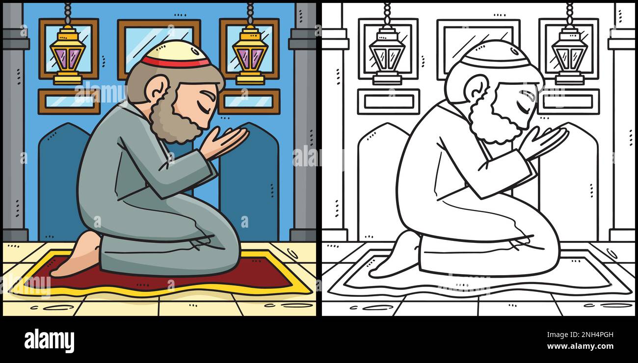 Ramadan Muslim Praying Coloring Page Illustration Stock Vector Image ...