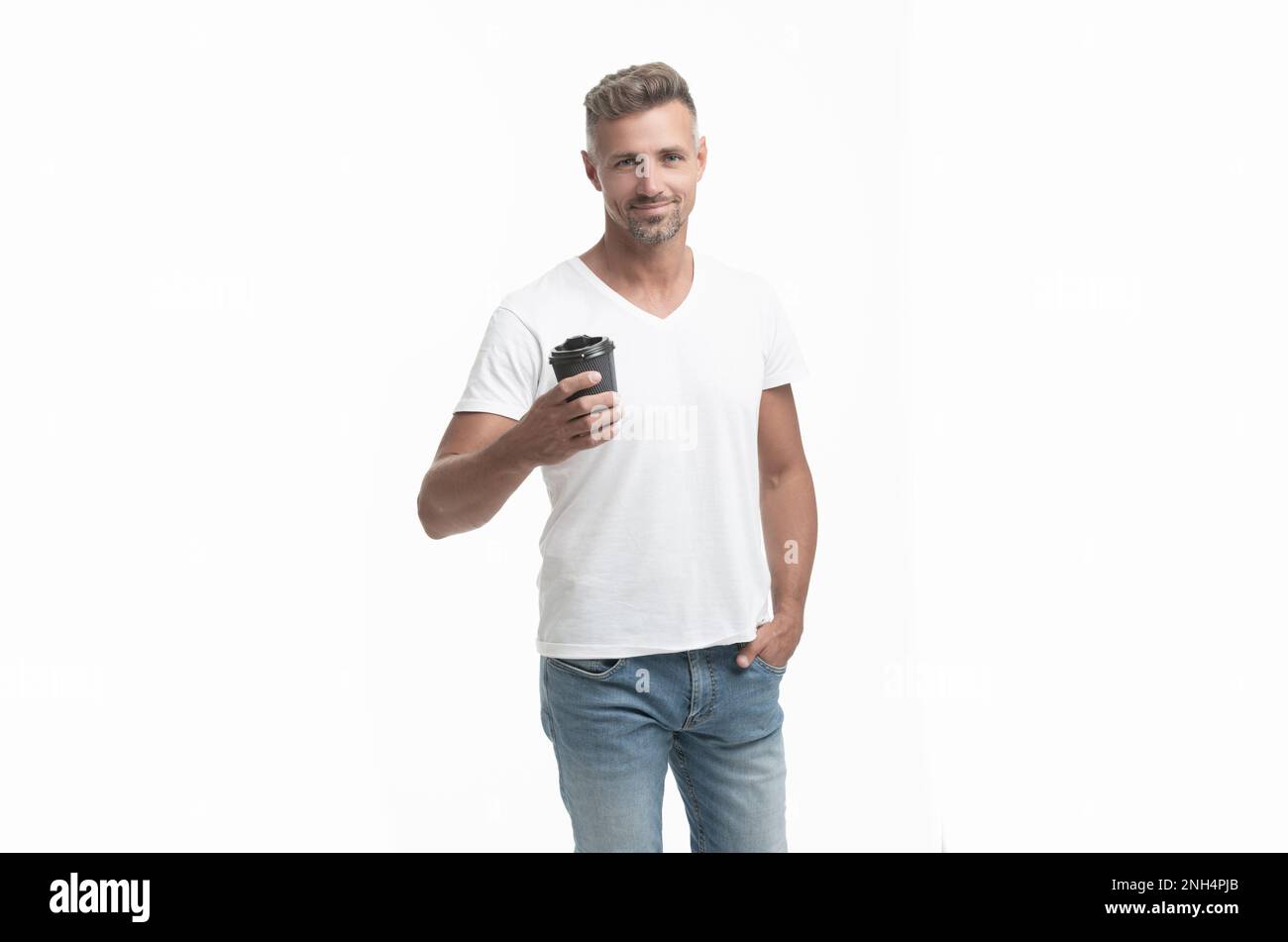 photo of cheerful man at coffee break. man at coffee break isolated on ...