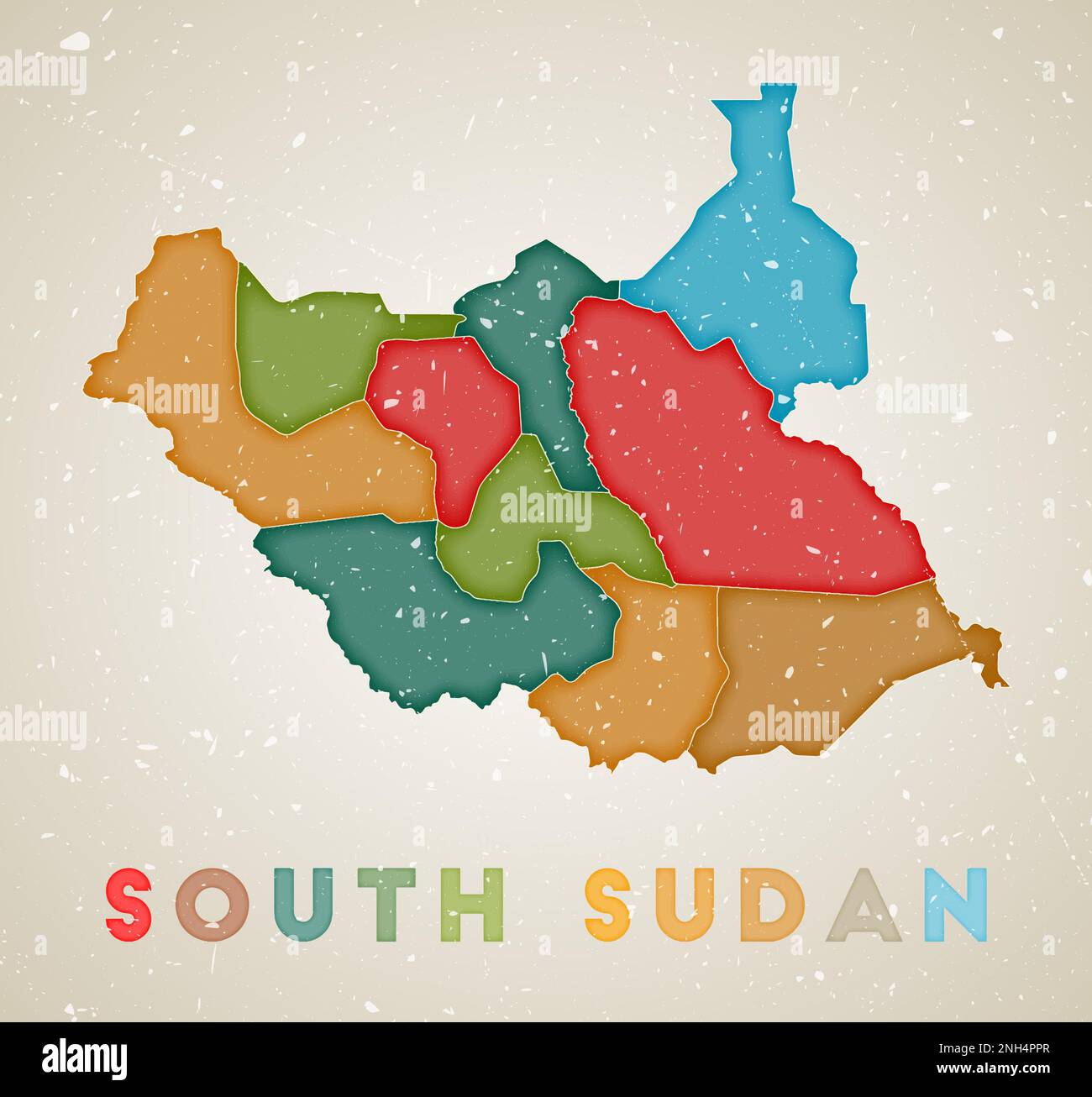 South Sudan map. Country poster with colored regions. Old grunge ...