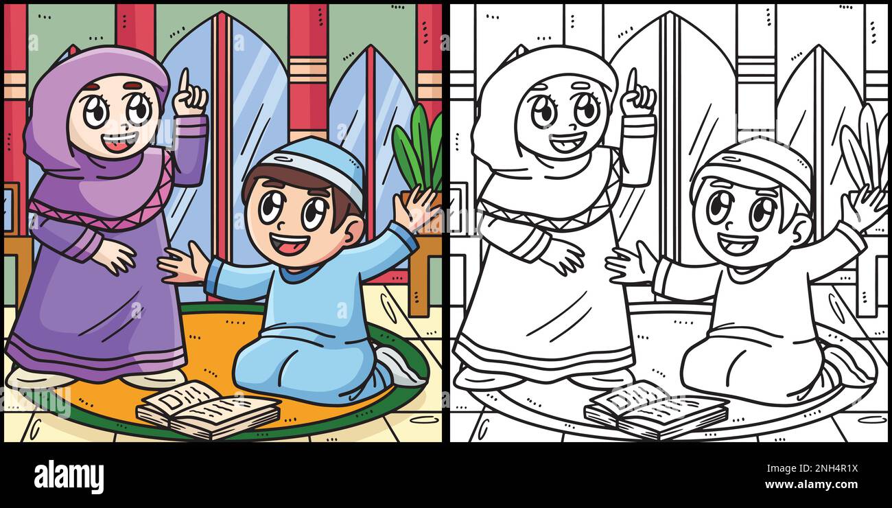 Ramadan Muslim Children Coloring Page Illustration Stock Vector Image ...