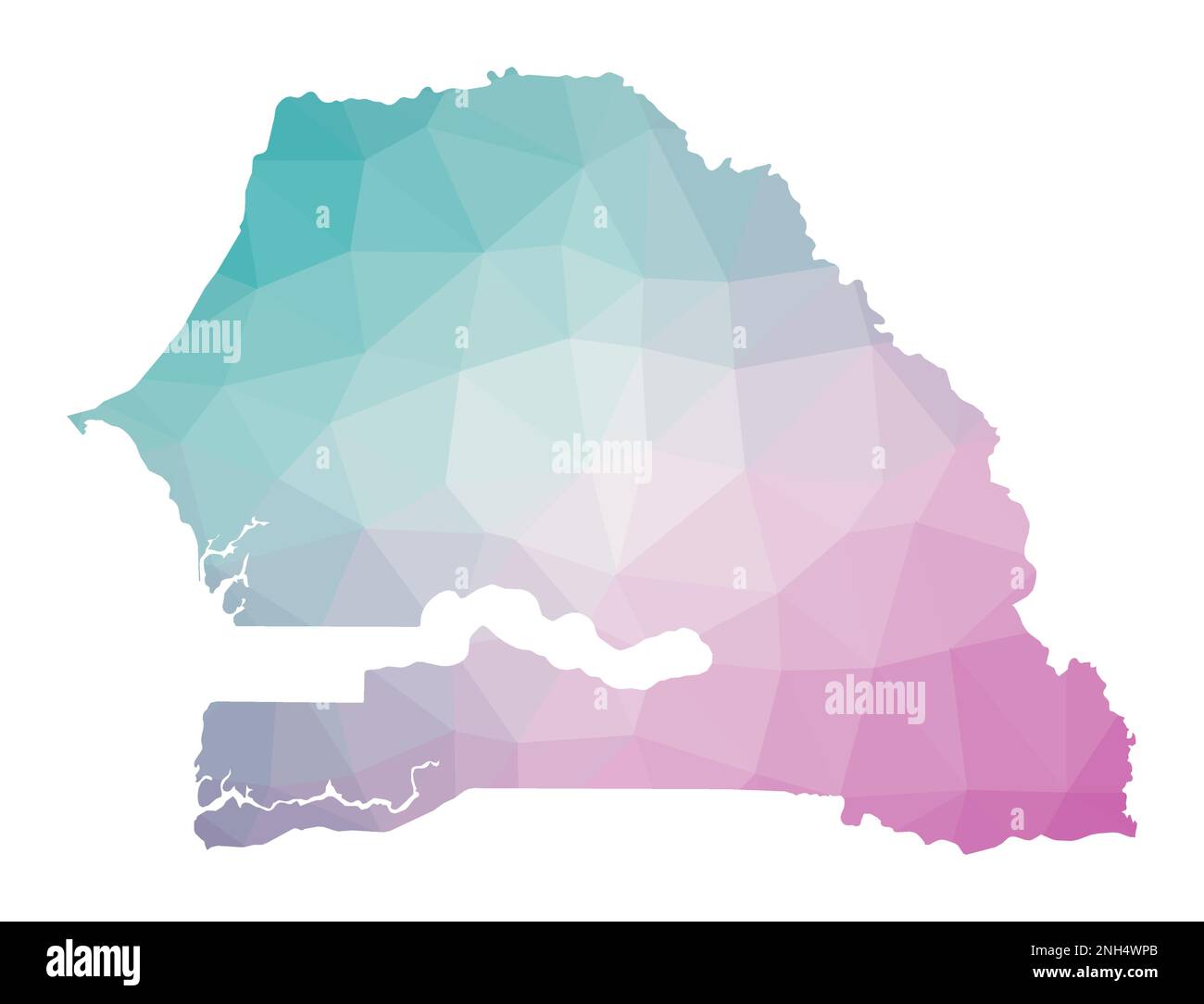 Polygonal map of Senegal. Geometric illustration of the country in emerald and amethyst colors ...