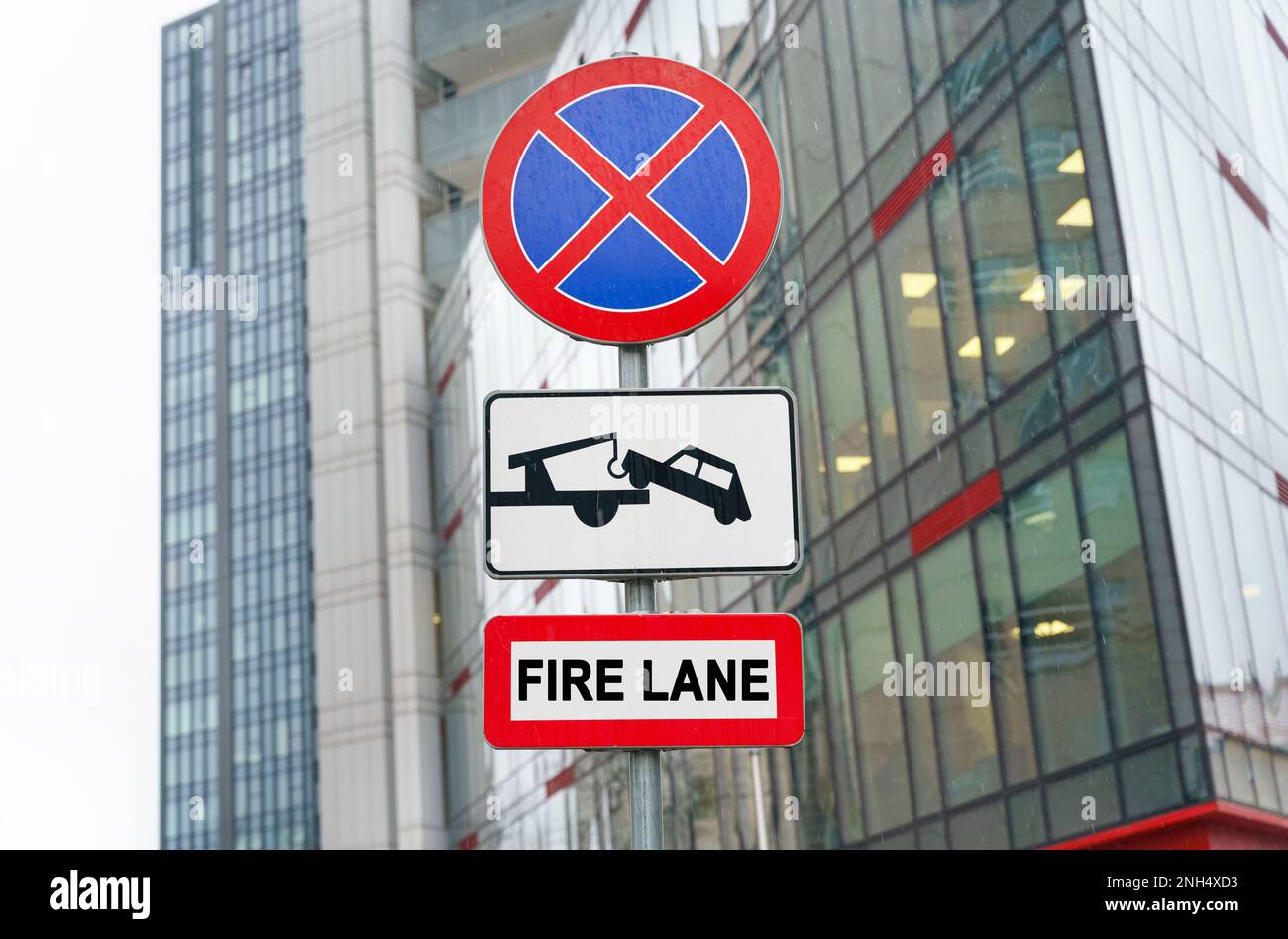 Road sign - No stopping, fire passage, against the backdrop of a ...