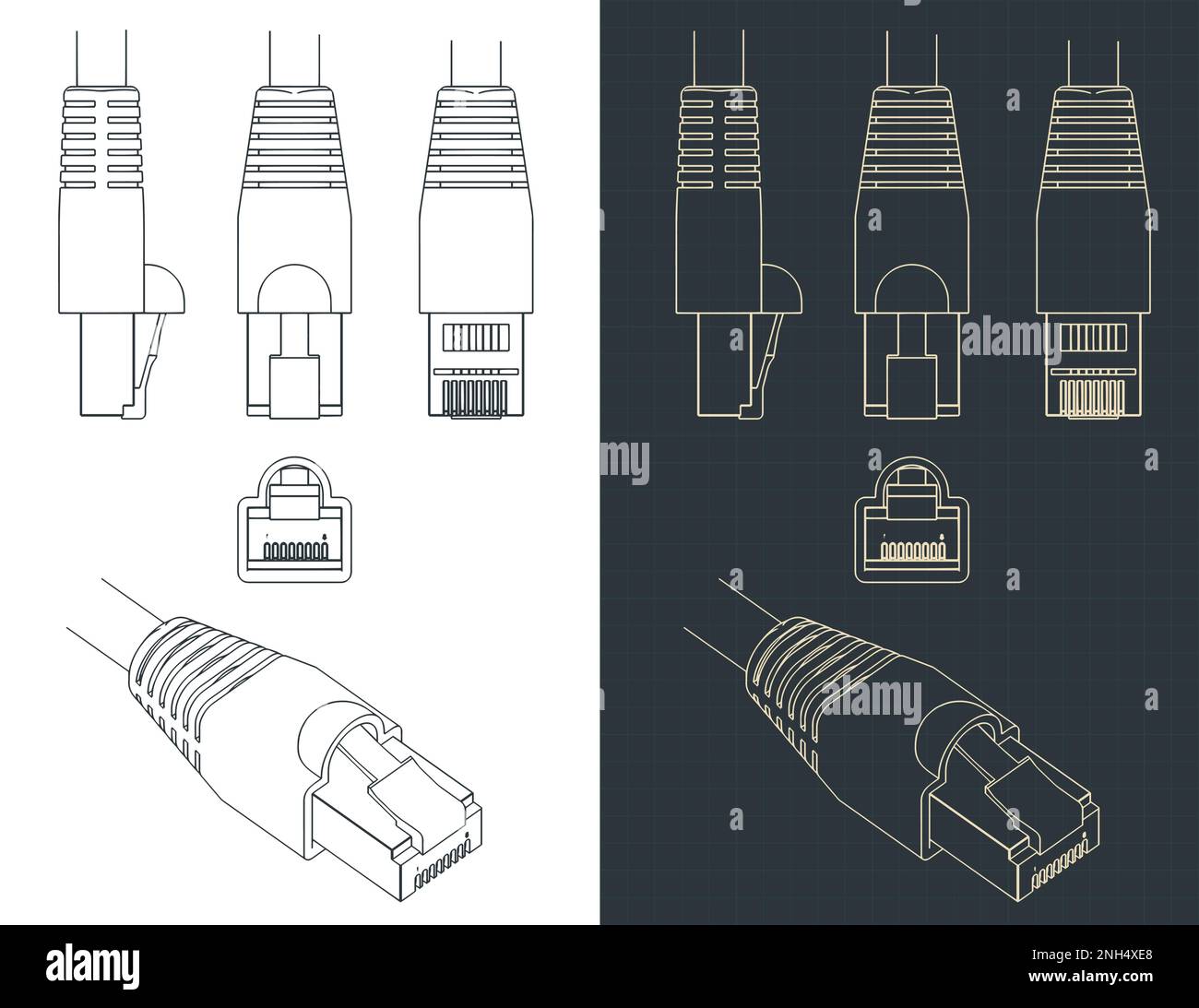 Stylized Vector Illustration Of Blueprints Of Ethernet Plug Stock