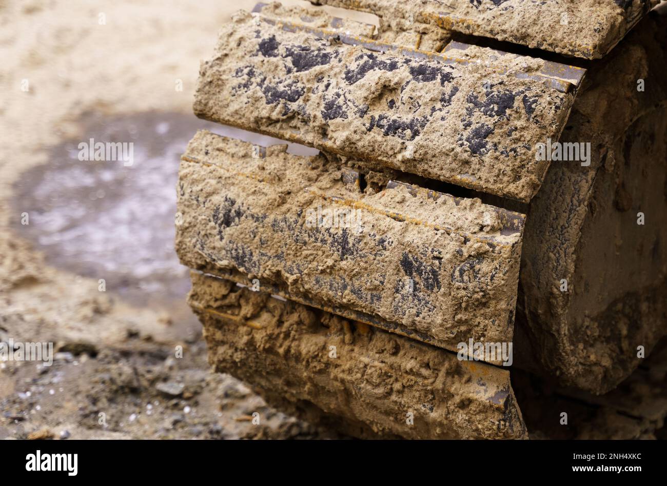 Bulldozer tracks in sand and clay after earthworks. Close-up Stock ...