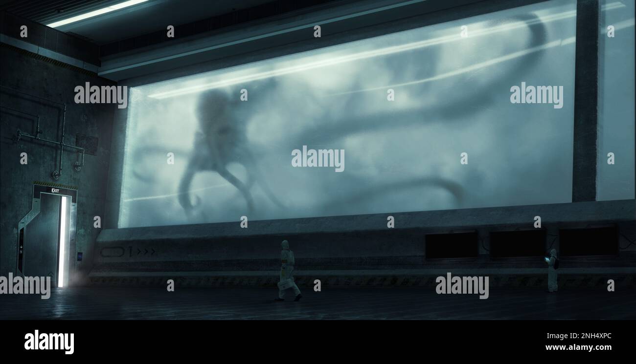 Secret laboratory environment with scientists and an alien (monster ...