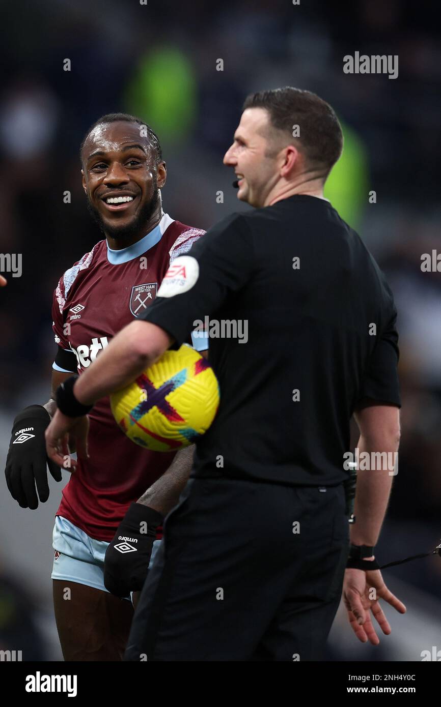 London, UK. 19th Feb, 2023. Michail Antonio of West Ham Utd jokes with ...