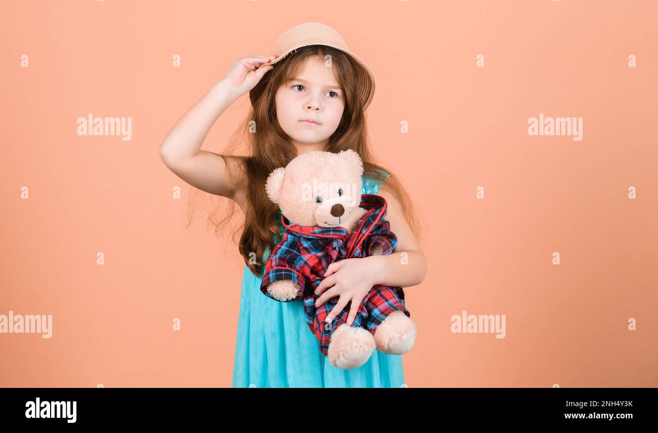 In love with cute teddy bear. Happy childhood. Tender attachments. Kid ...