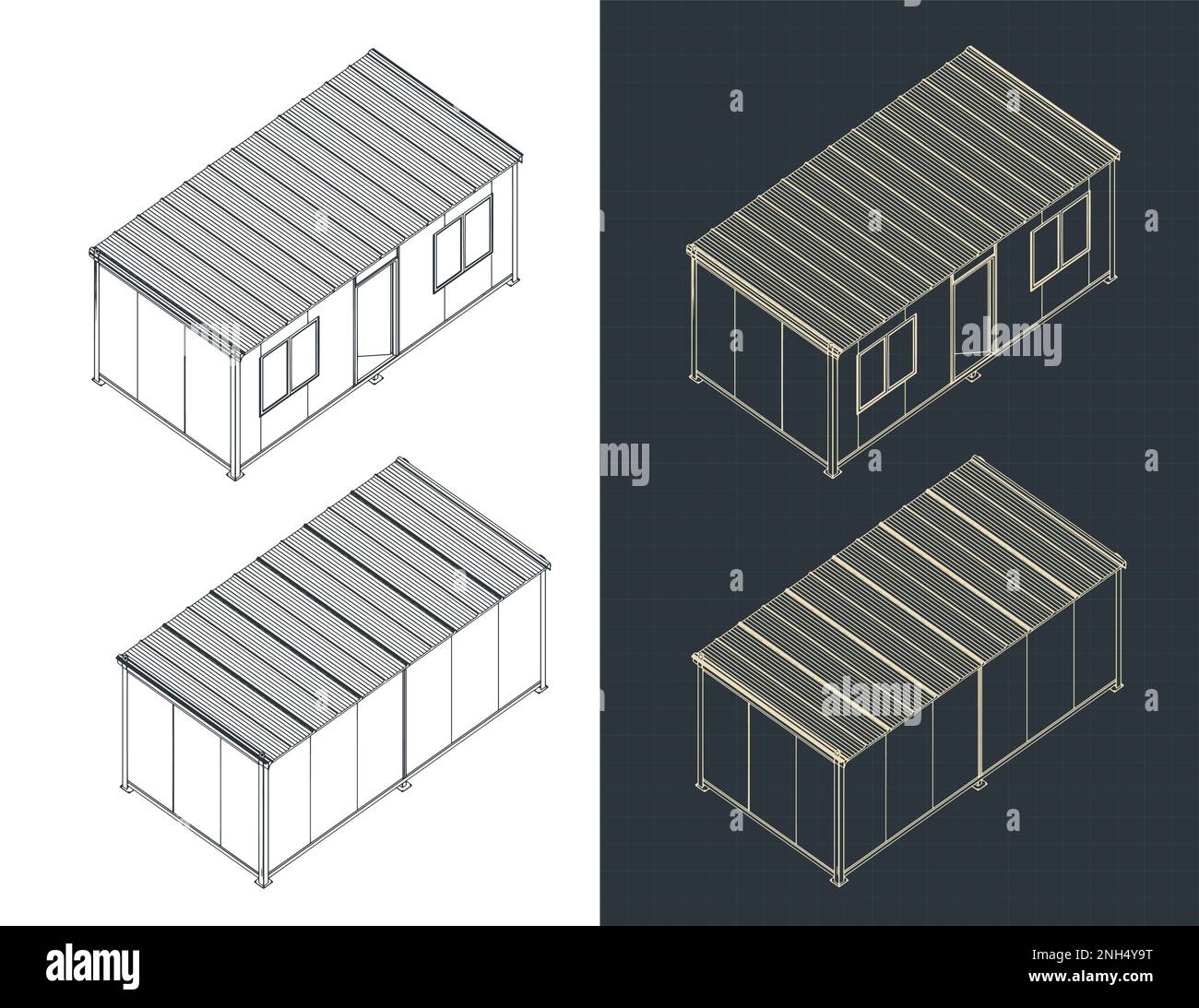 Stylized vector illustration of isometric drawings of a container house ...