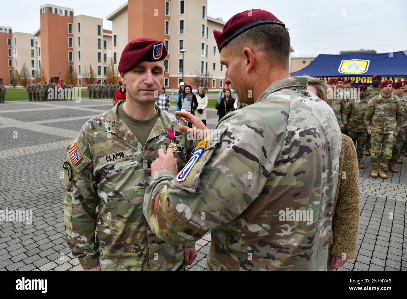 U.S. Army Col. Michael F. Kloepper, Commander of 173rd Airborne Brigade, right, pins the Legion ...