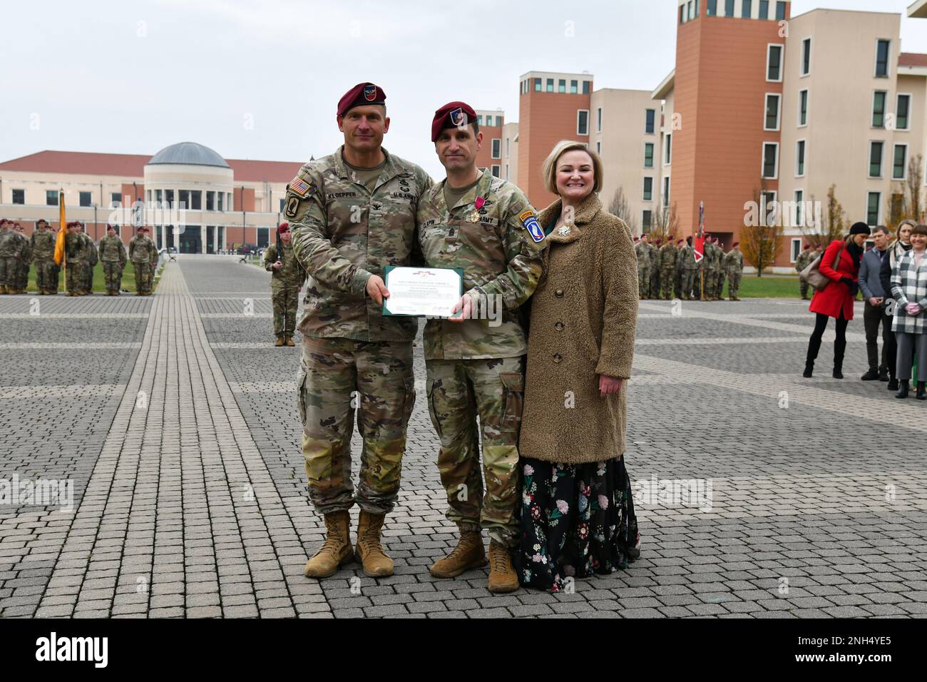 U.S. Army Col. Michael F. Kloepper, Commander of 173rd Airborne Brigade, right, pins the Legion ...