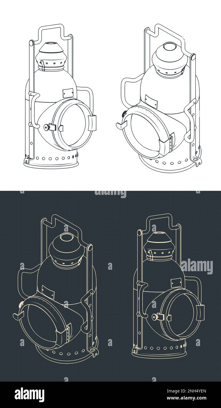 Stylized vector illustration of blueprints of retro railway signal lamp ...
