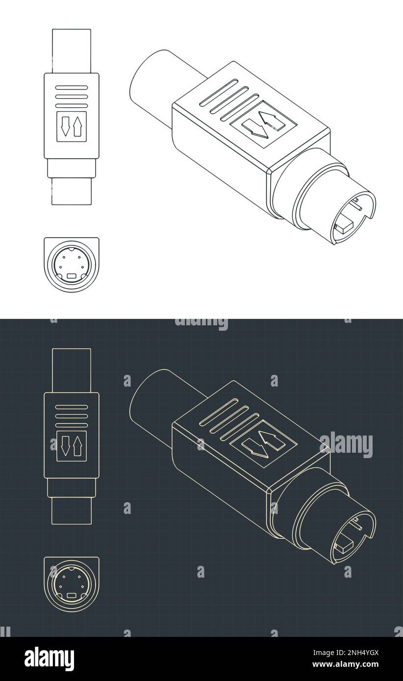 Stylized vector illustration of blueprints of S-video male plug Stock ...