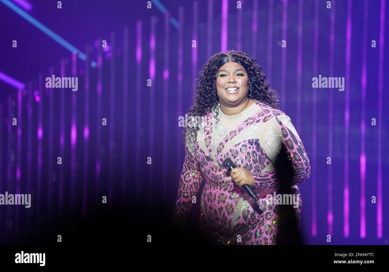 Hamburg, Germany. 20th Feb, 2023. US singer Lizzo sings on stage at ...