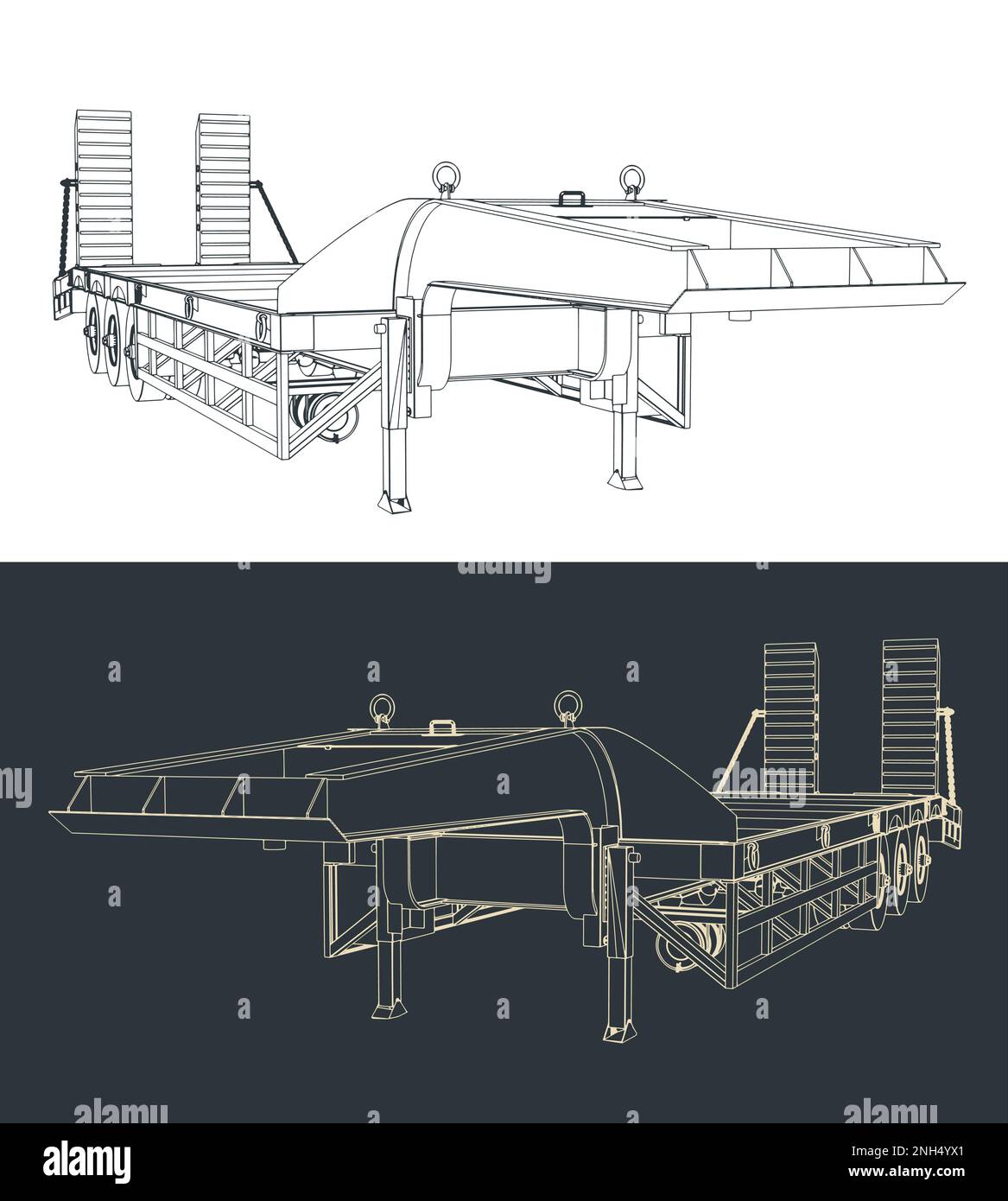 Stylized vector illustration of blueprints of low bed trailer Stock ...