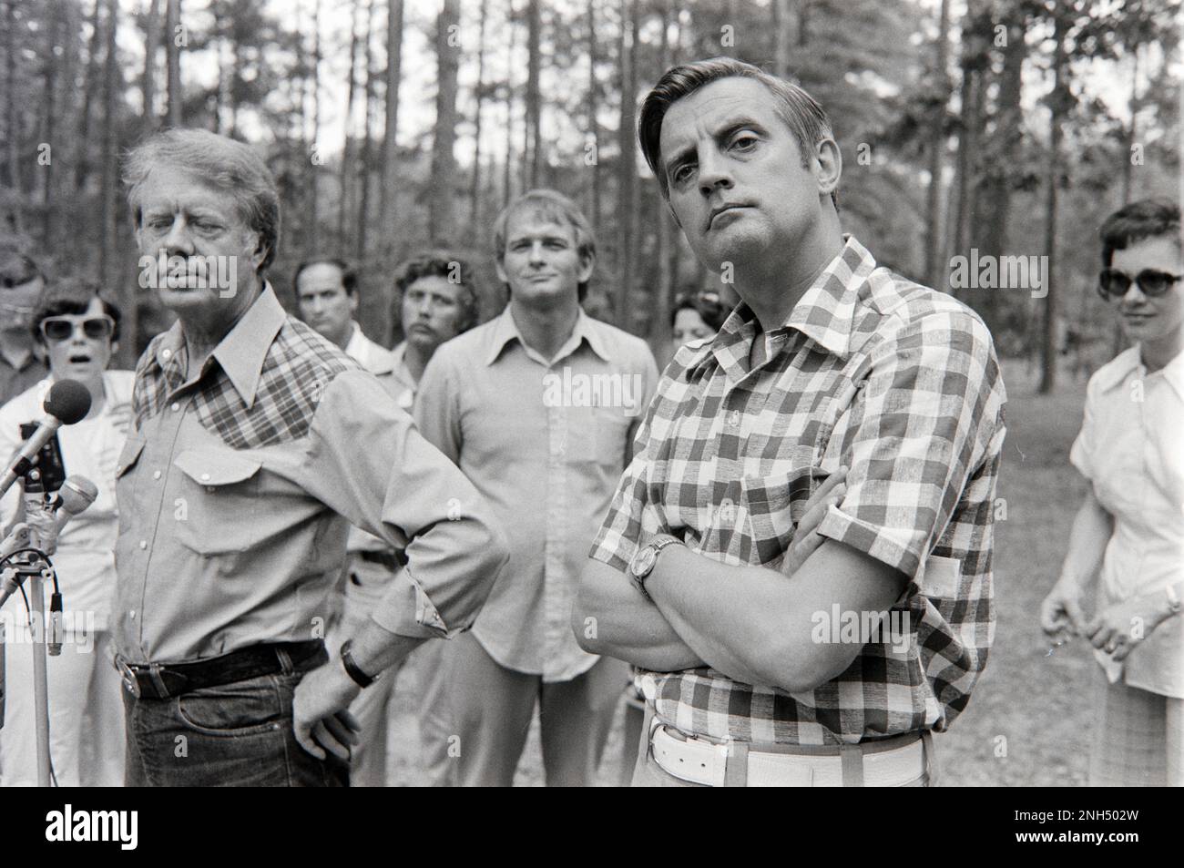 Jimmy Carter and running mate Walter Mondale speak to the press after ...
