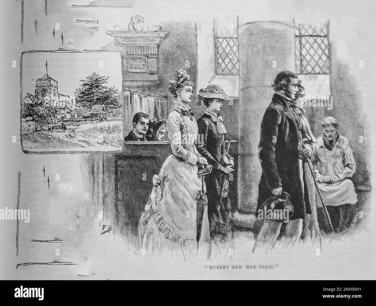 A 19th Century sketch of a church scene of two young women walking to ...