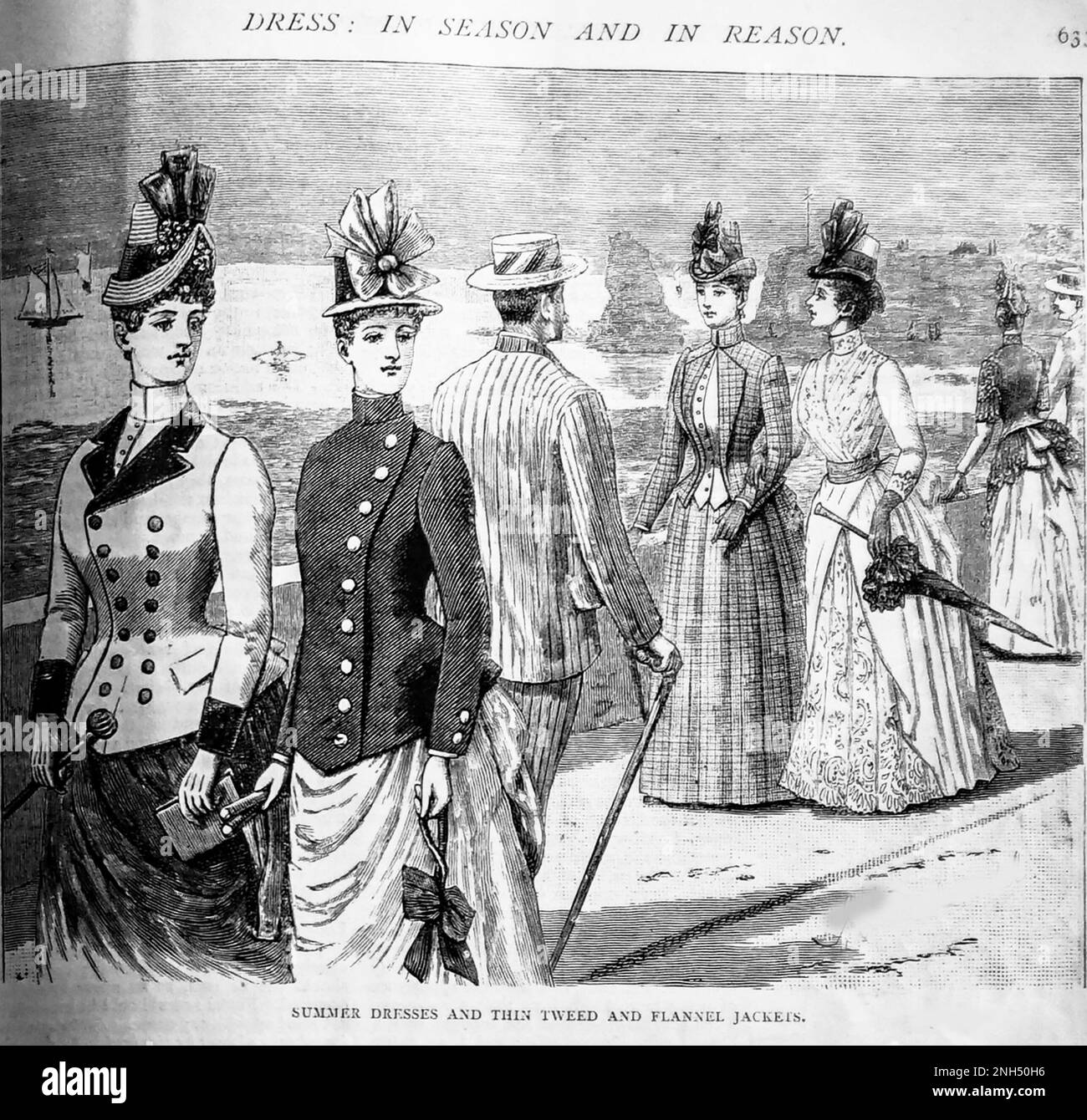 A 19th century sketch of fashionably dressed young people out strolling ...