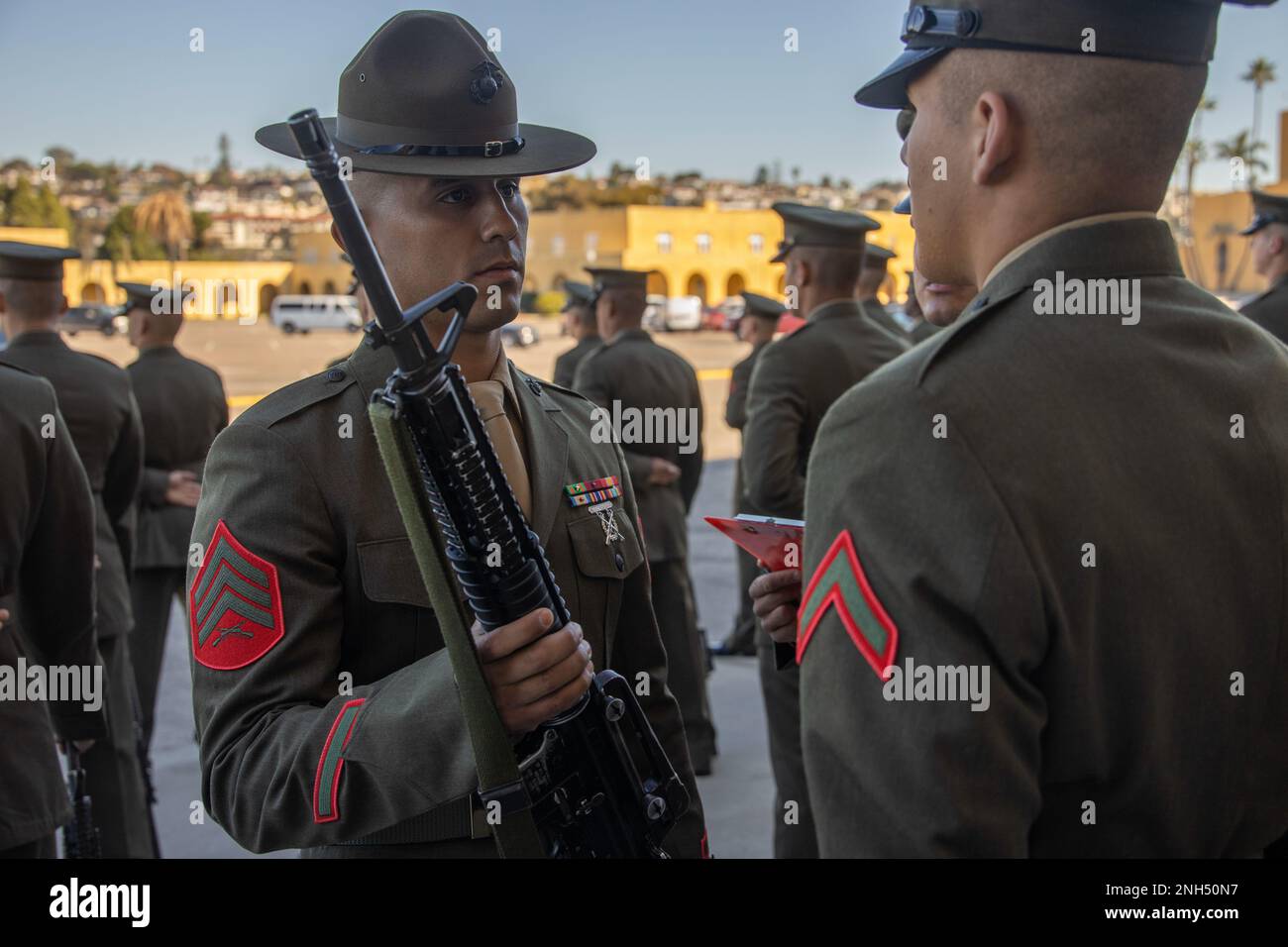 A U.S. Marine Corps drill instructor with Charlie Company, 1st Recruit ...