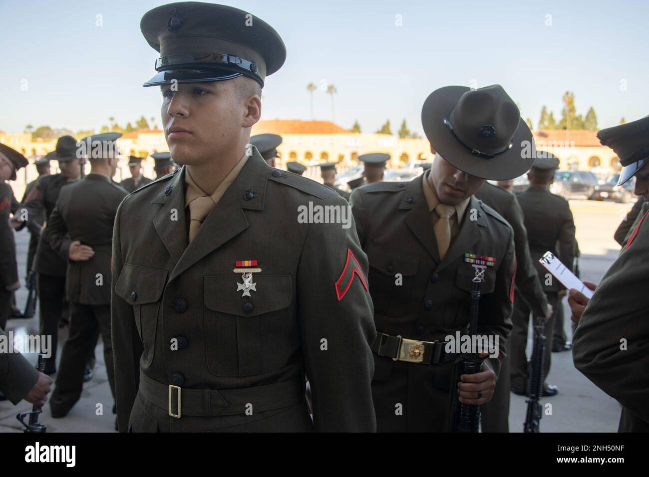 A U.S. Marine Corps drill instructor with Charlie Company, 1st Recruit ...