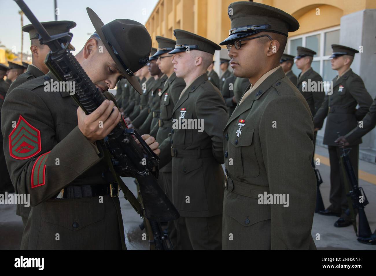 A U.S. Marine Corps drill instructor with Charlie Company, 1st Recruit ...