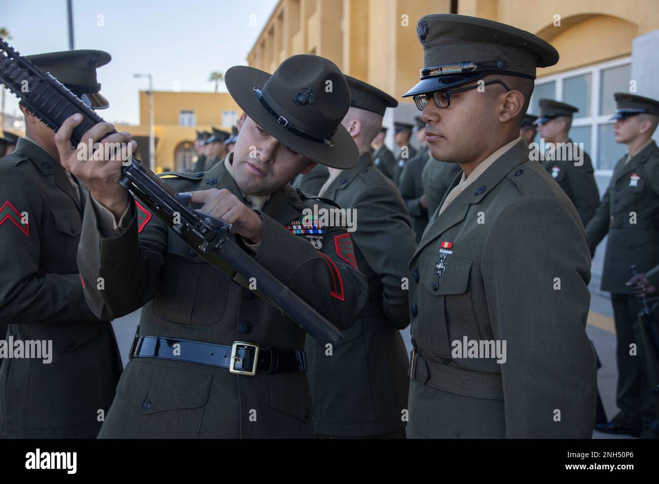 A U.S. Marine Corps drill instructor with Charlie Company, 1st Recruit ...