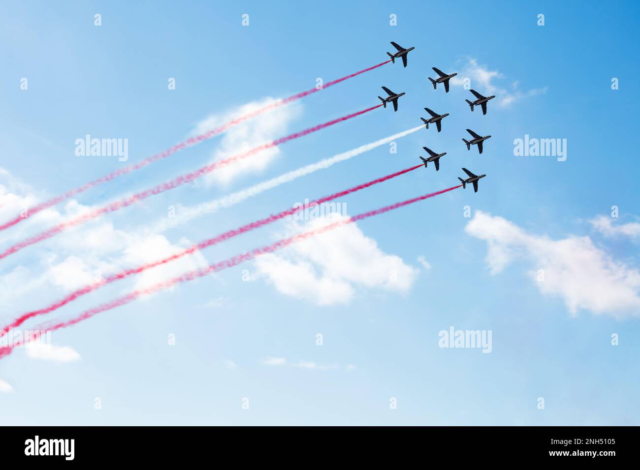 Planes group fly with color trail of Denmark Austria or Poland Stock ...