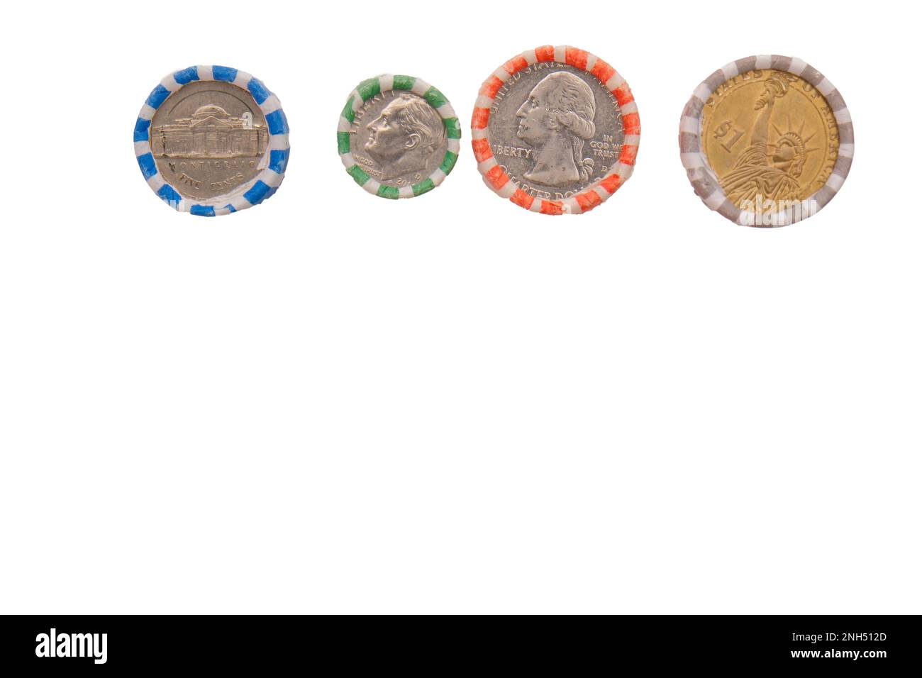 Photo of rolled US coins nickels, dimes, quarters, dollars placed on ...