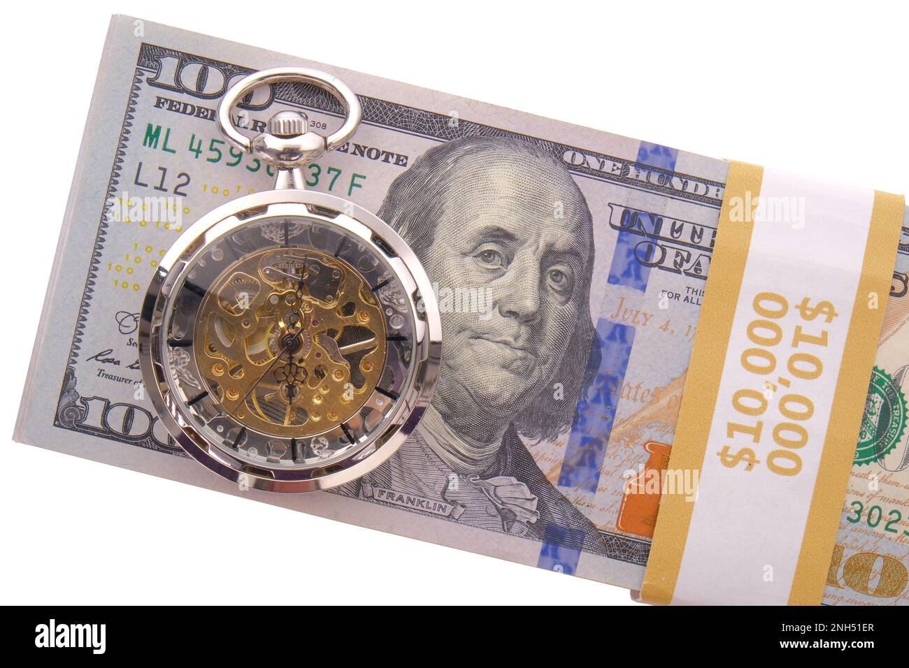 Stack of 10.000 in hundred dollar bills with a modern pocket watch ...