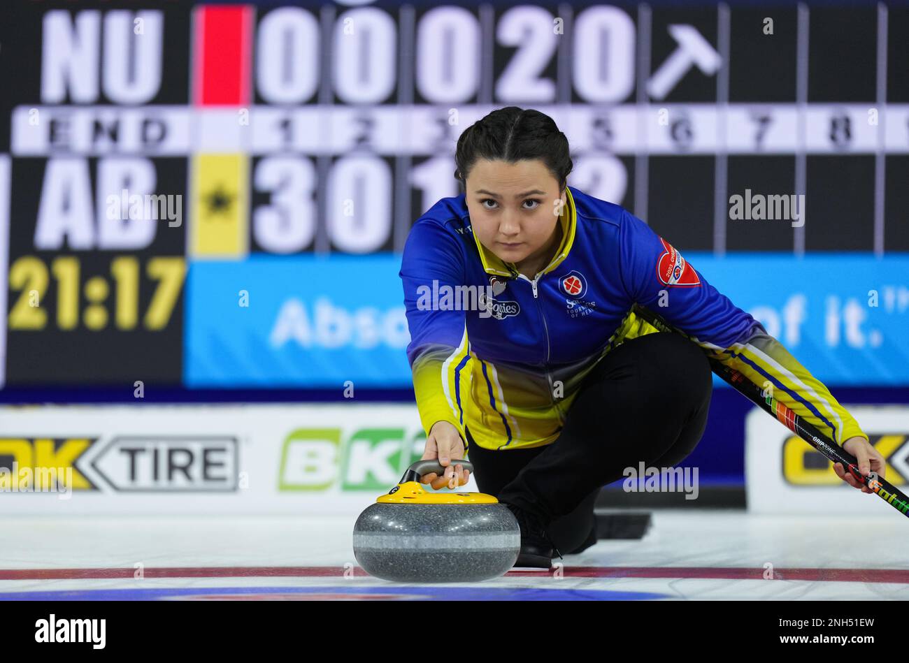 Alberta skip Kayla Skrlik delivers a rock while playing Nunavut at the ...