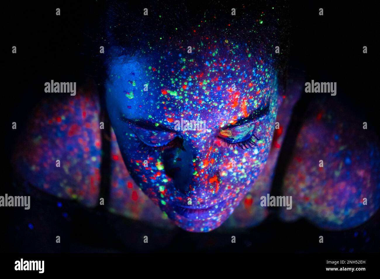 Fashion model woman in neon light, portrait of a beautiful model with ...