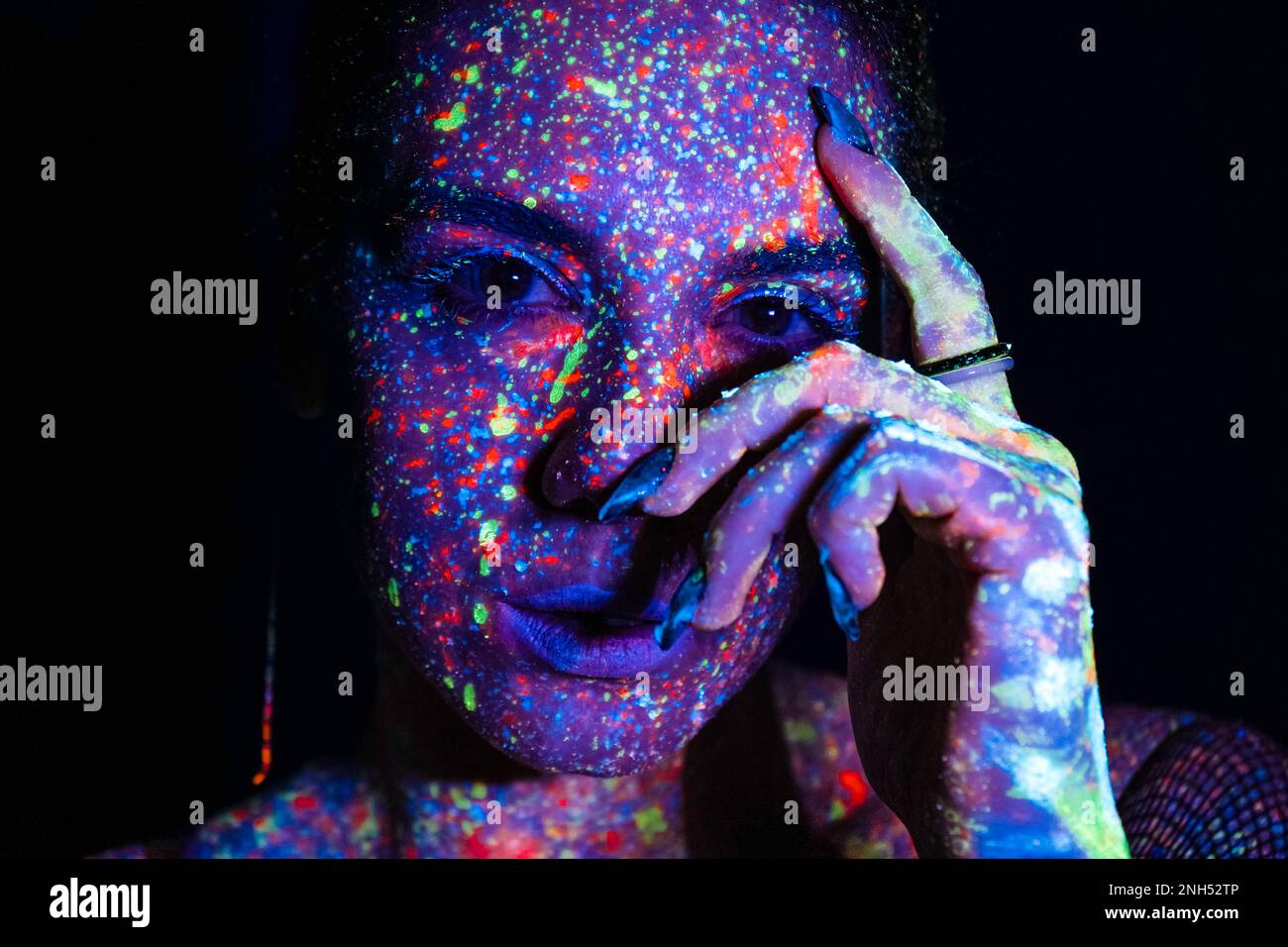 Fashion model woman in neon light, portrait of a beautiful model with ...