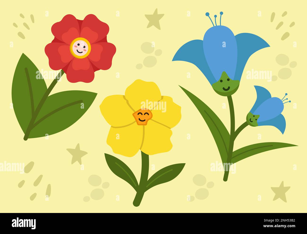 Collection Of Happy Flowers With Faces Colorful Vector Illustration In ...