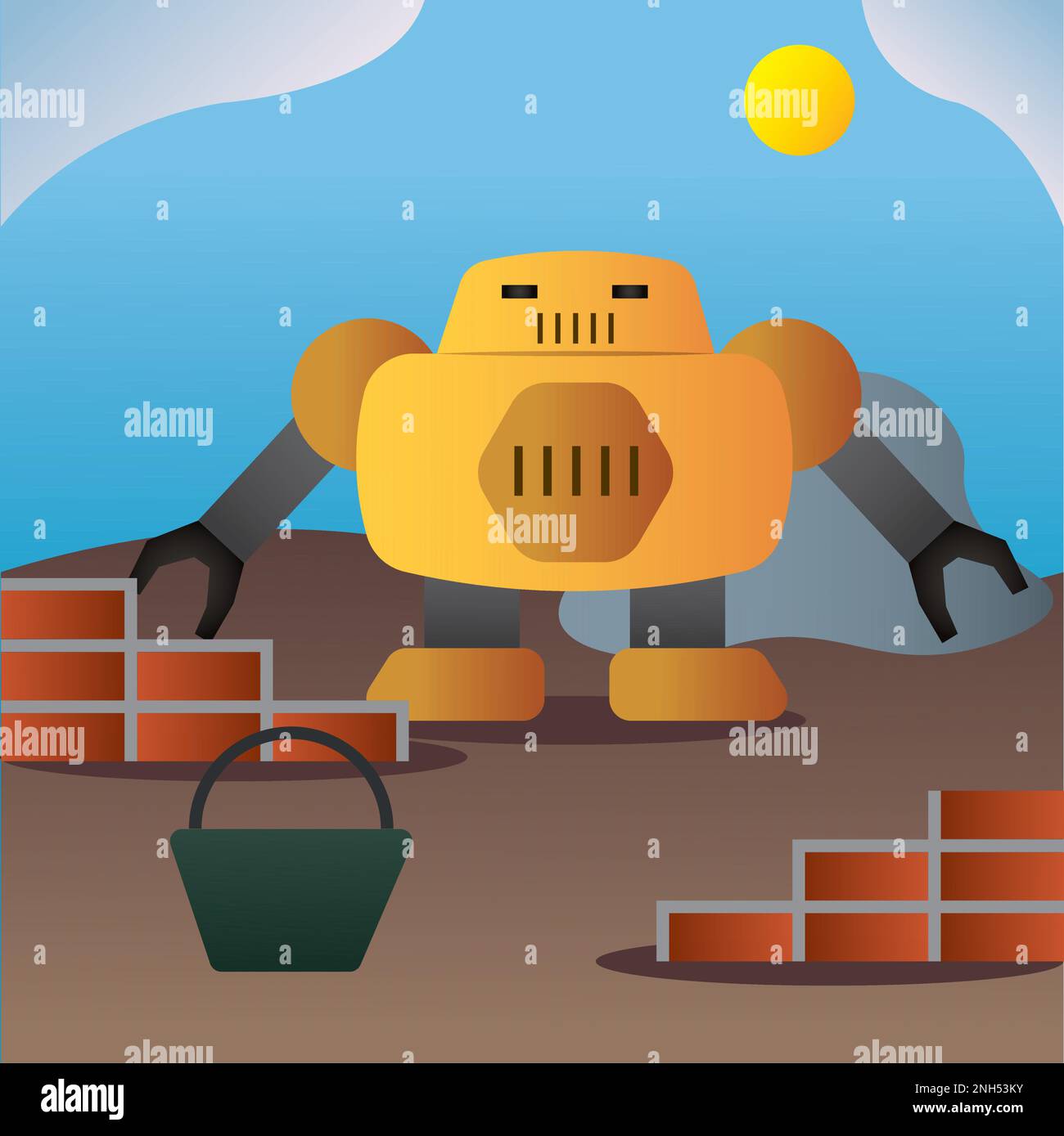Yellow giant robot building a wall with bricks Vector Stock Vector ...
