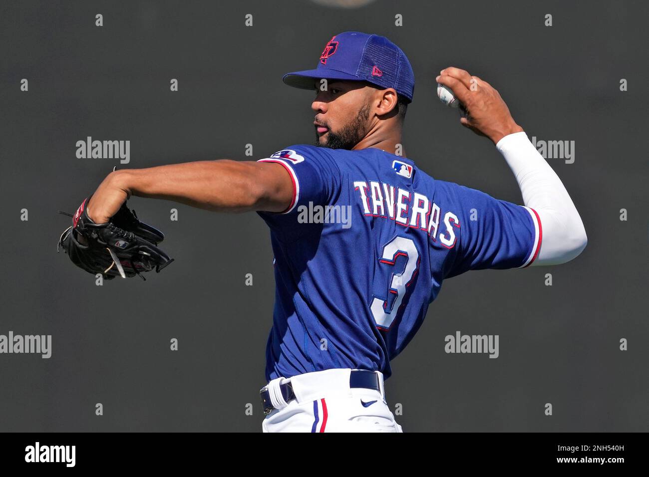 Texas Rangers Leody Taveras throws during spring training baseball ...