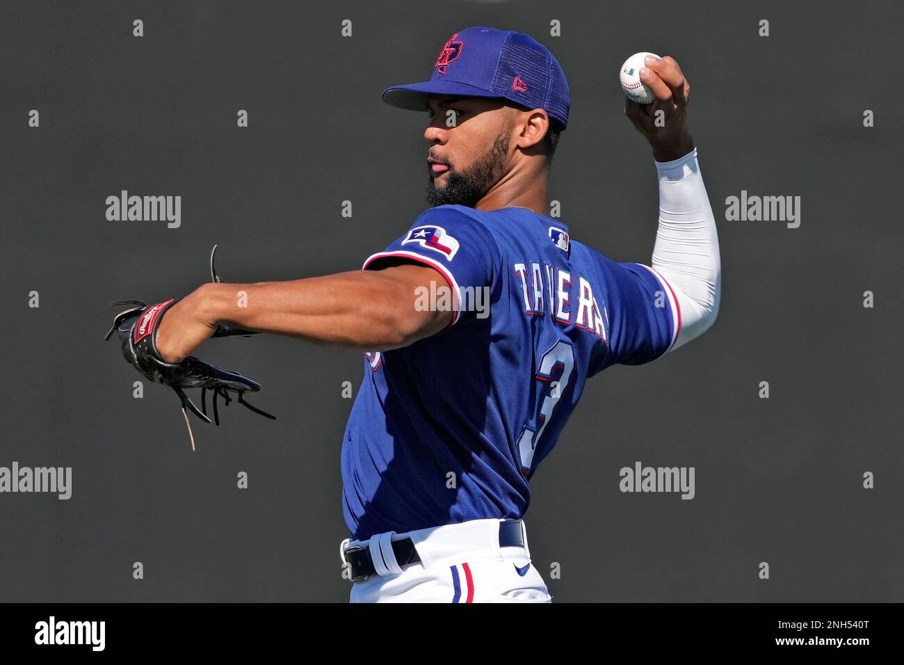 Texas Rangers Leody Taveras throws during spring training baseball ...