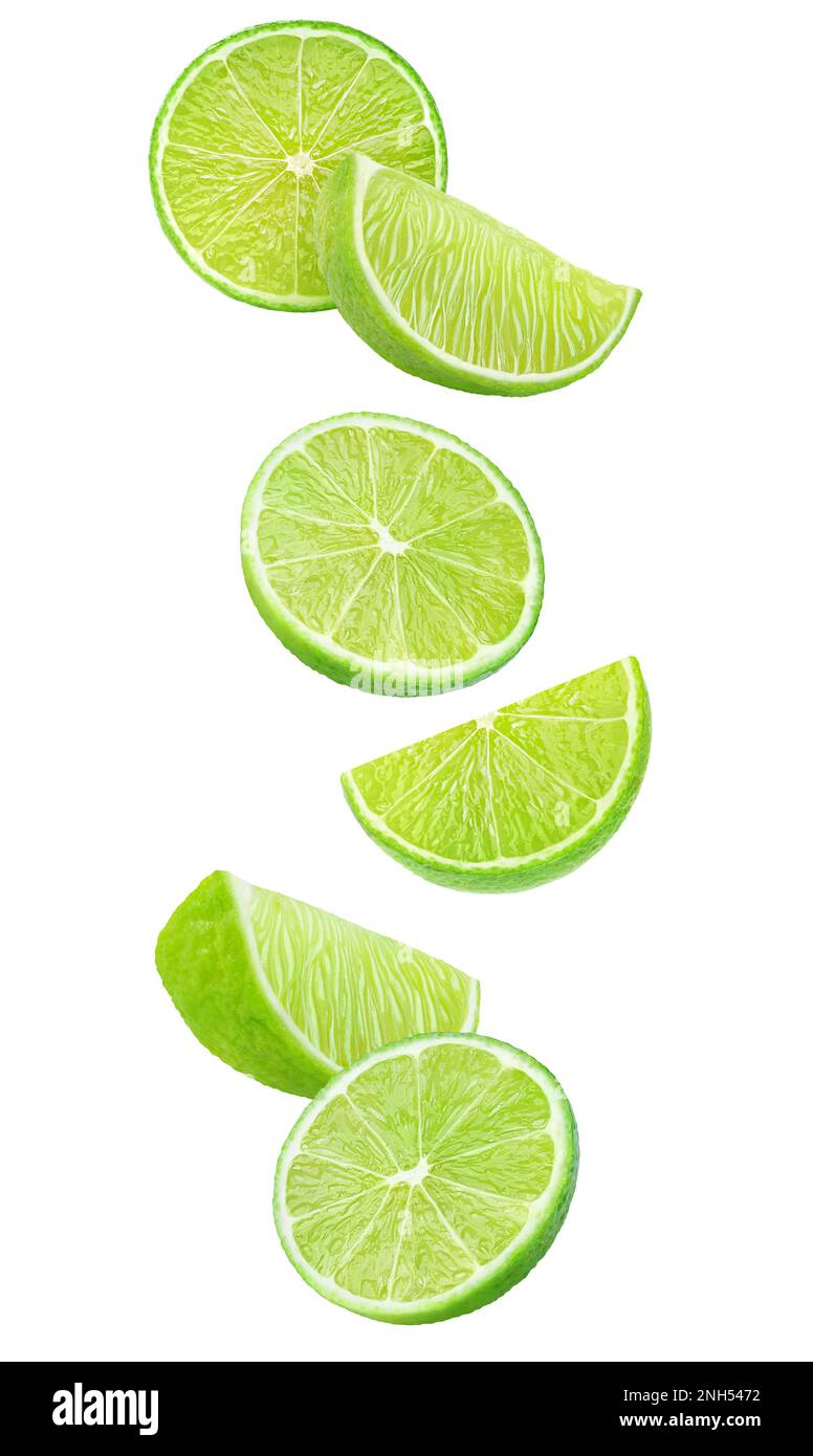 Lime fruit slices levitation, isolated on white background Stock Photo ...