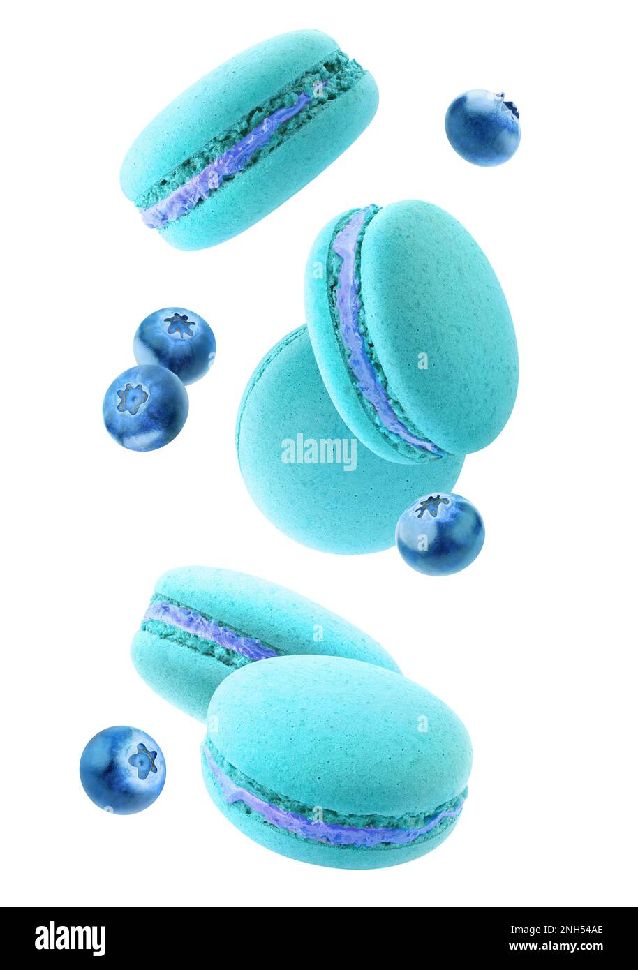 Light blue macaroons and blueberry fruits levitation isolated on white ...