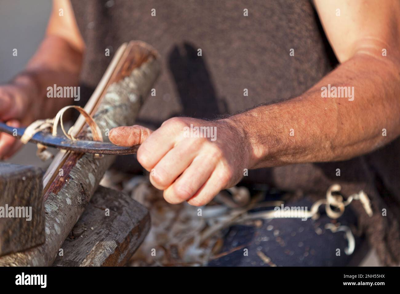 Medieval carpenter rabotting a branch of wood during the annual ...