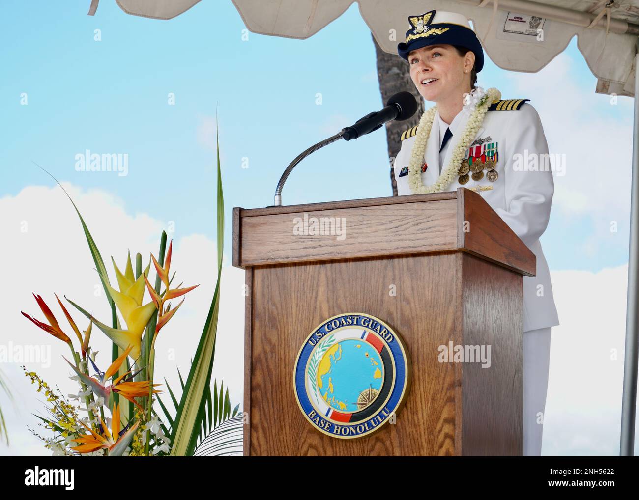 Capt. Aja Kirksey gives a speech during the Sector Honolulu change of ...
