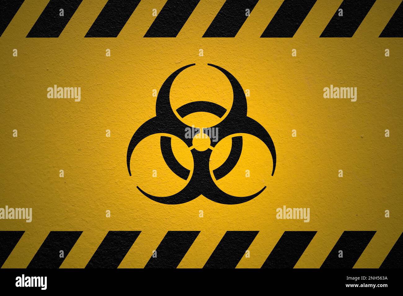 Black striped yellow background with a Danger Biohazard sign and a ...