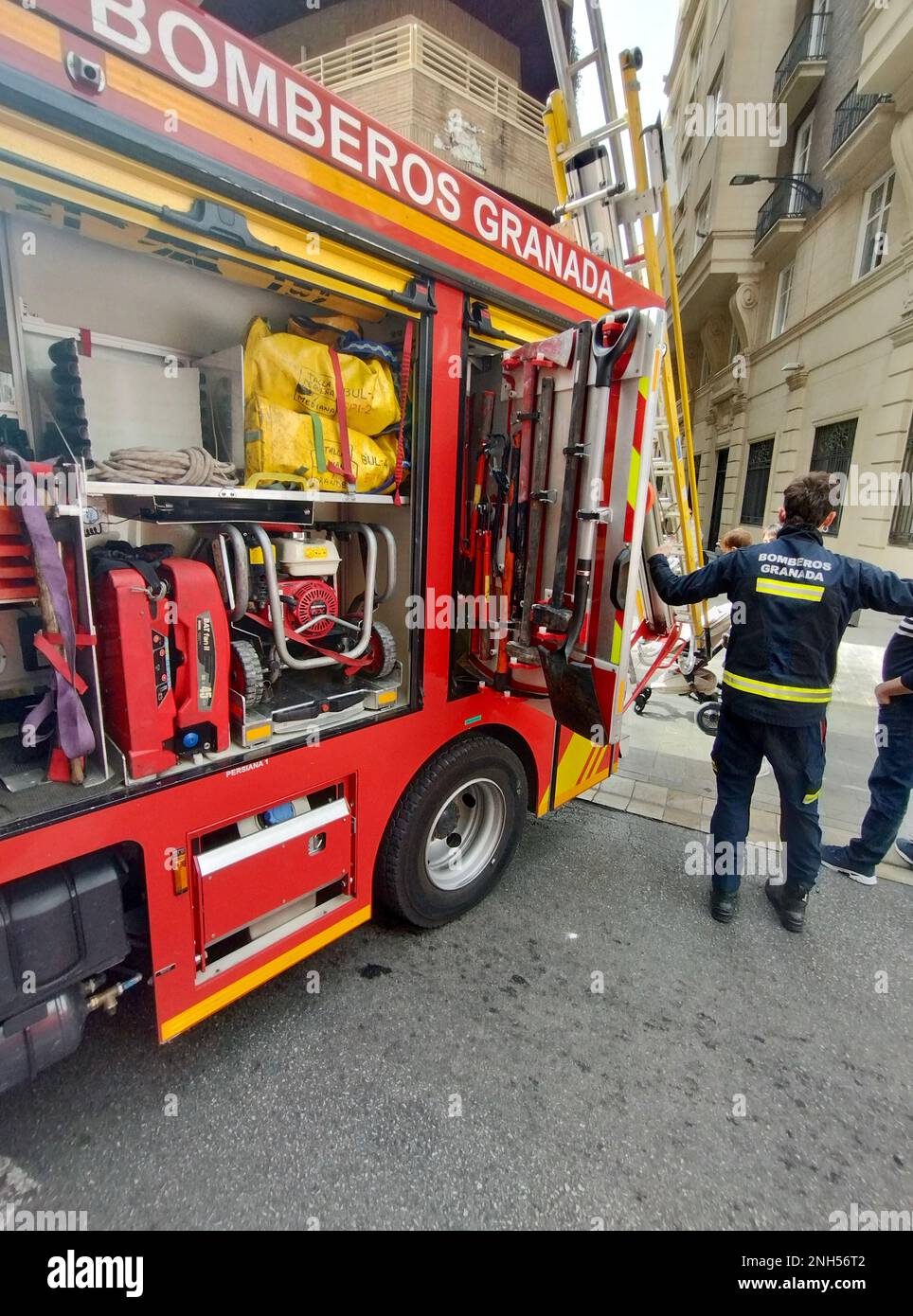 Granada, Spain; February-19, 2023: Details of a fire truck on display ...