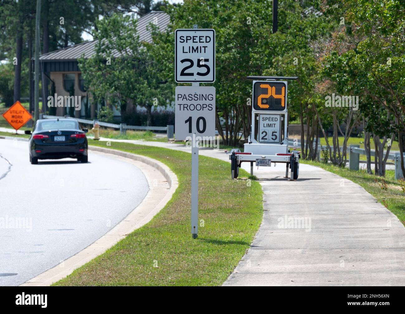 The speed limit sign and a s speed monitoring device inside Fort ...
