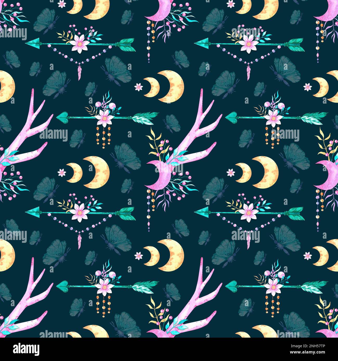 Watercolor pattern in boho style with moon, arrows, butterflies, horns ...